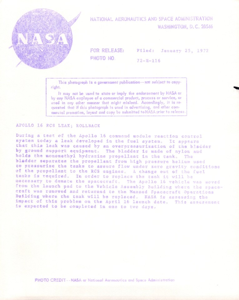 Apollo 16 | RARE NASA 1972 Vehicle Rollback Reaction Control System ...
