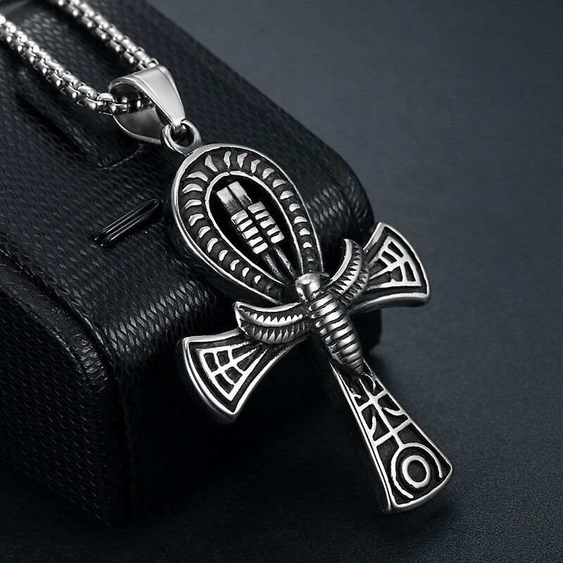 Mens Silver Ankh Jesus Cross Poseidon Trident Pendant Necklace Punk ...