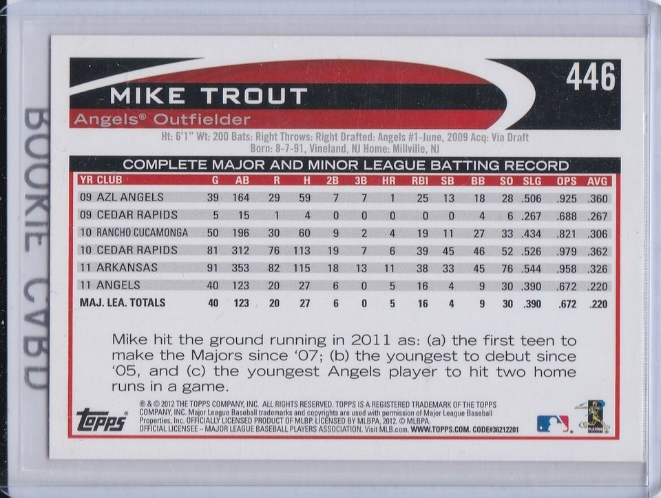 MIKE TROUT ROOKIE CARD Topps Baseball Anaheim Los Angeles Angels MLB RC ...