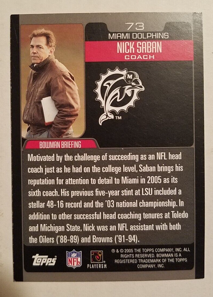 Nick Saban RC 2005 Topps Bowman 1st Edition #73 Dolphins Alabama | eBay
