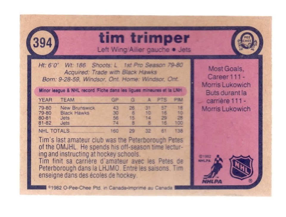 1982-83 O-Pee-Chee Tim Trimper Winnipeg Jets #394 Near Mint or Better ...