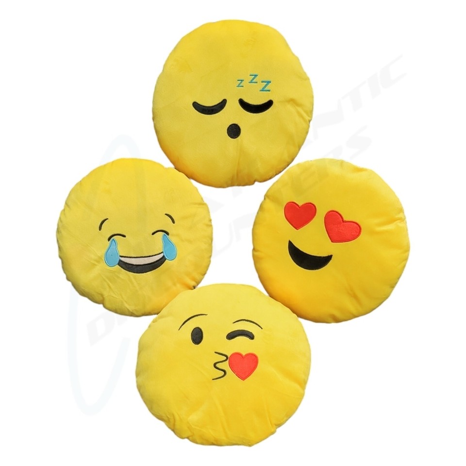 4 Emoji 12" Emoticon Cushion Pillow Round Yellow Stuffed Plush Set Soft ...