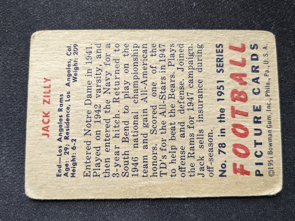 1951 Bowman Football Card # 78 Jack Zilly - Los Angeles Rams (VG/EX) | eBay