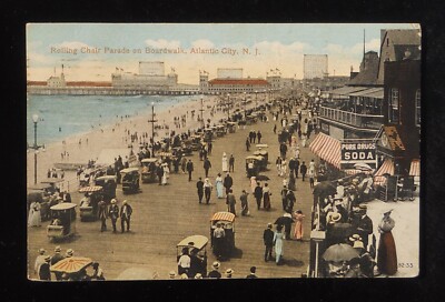 1918 Rolling Chair Parade on Boardwalk Pure Drugs Soda Atlantic City NJ ...