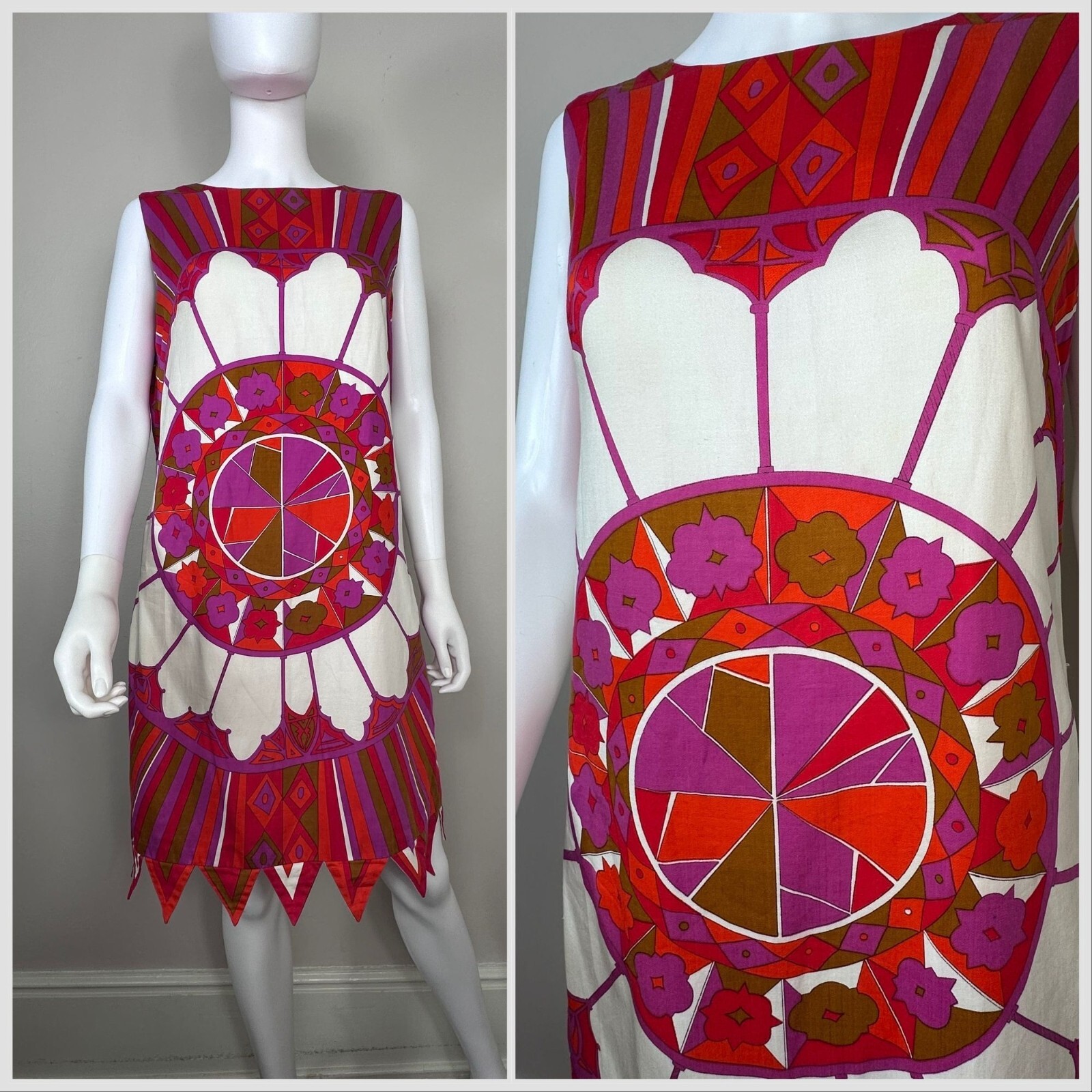 Vintage 1960s Stained Glass Window Print Dress, Zig Z… - Gem