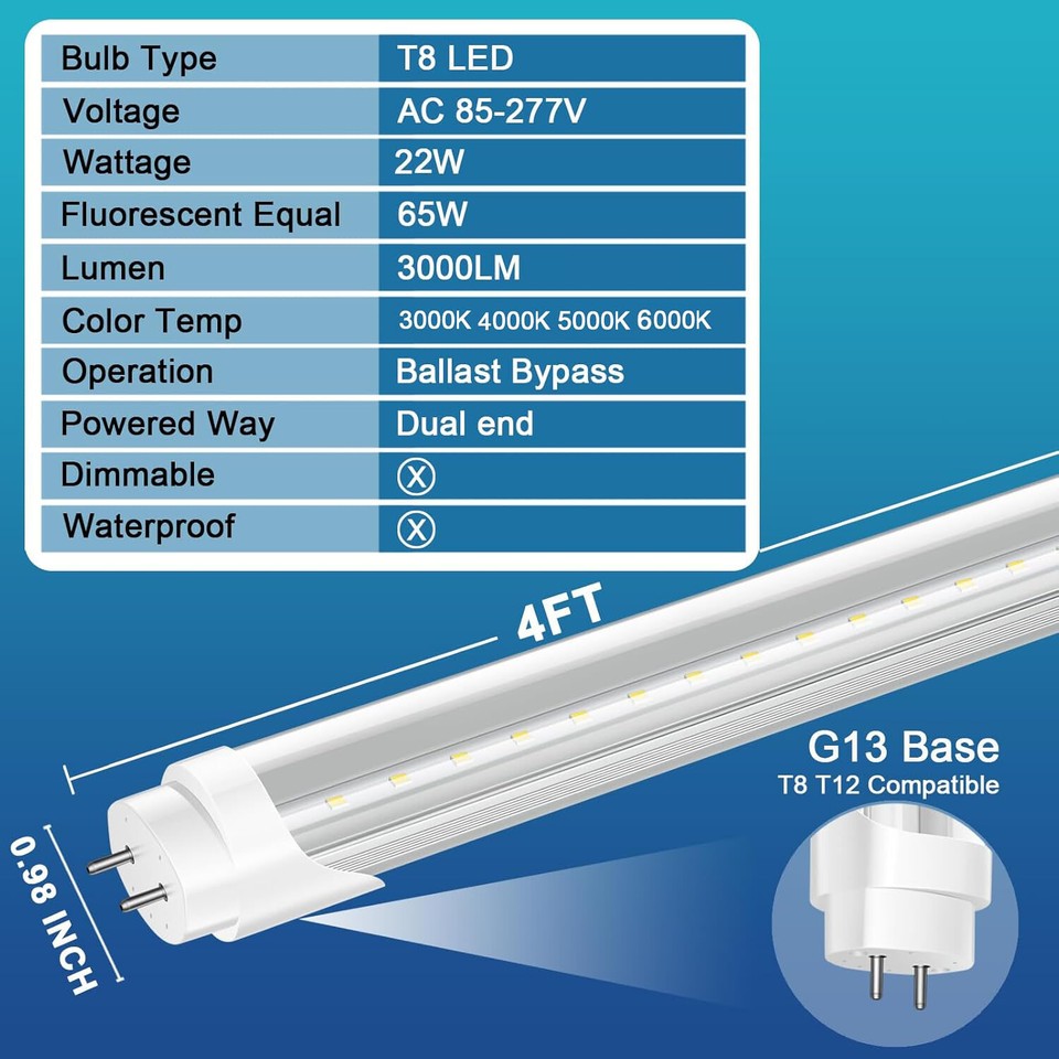 4ft T8 LED Tube Light Ballast Bypass Dual-End Power Energy Saving Long ...