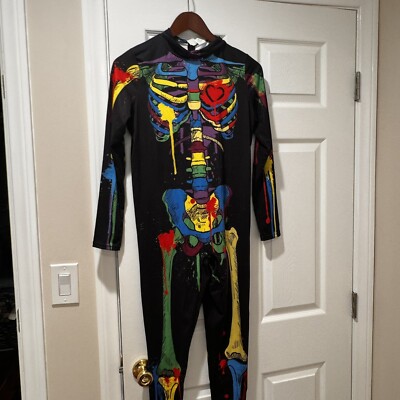 HALLOWEEN COSTUME SKELETON OVERALLS ZIP LARGE SIZE 12 MULTI COLOR GUC ...
