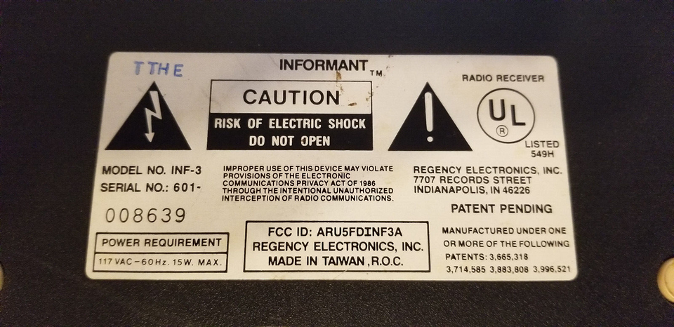 Vintage Informant by Regency Turbo Scan Police Scanner INF-3 UHF/VHF ...