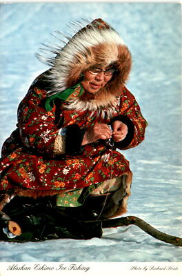 Vintage postcard: Eskimo woman fishing in Arctic Alaska | eBay