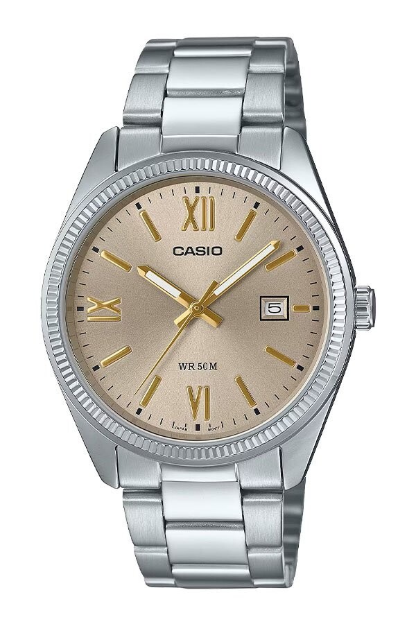 Casio MTP-1302DD-9A Beige Analog Roman Numeral Stainless Steel Quartz ...