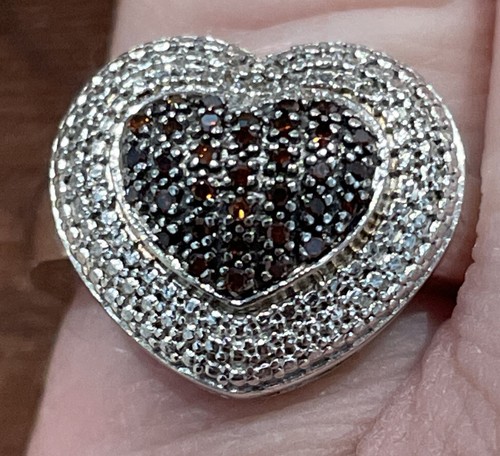 SJ Sterling Silver Heart Shaped Red Diamond Cluster Ring Size 5.75 925 ...