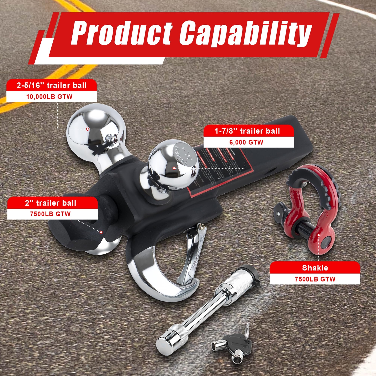 Tri Ball Hitch Trailer Mount for 2" Receiver with Lock Tow Hook Shackle