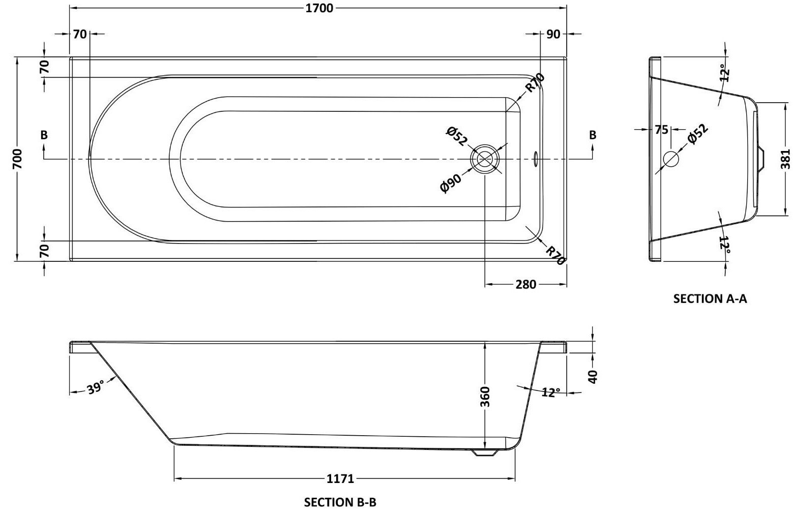 Balterley Bathroom Round Single Ended Bath Tub and Leg Set - Multiple ...