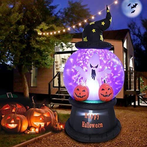 6FT Halloween Inflatables Pumpkin Ghost with Rotating LED Lights, Decor ...