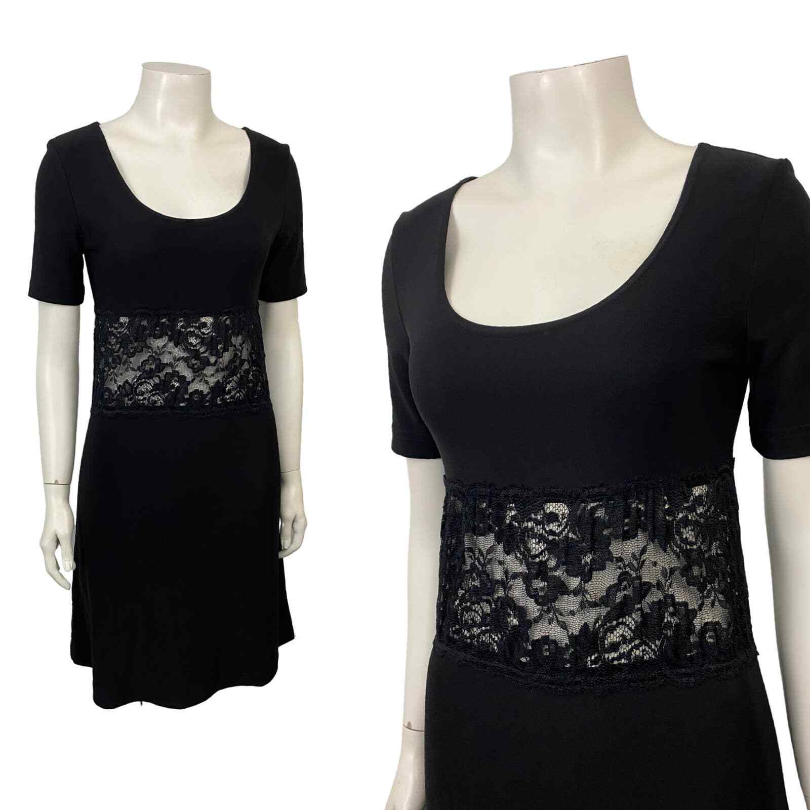 1990s Black Gothic Lace Midriff Mini Dress Scoop Neck… - Gem