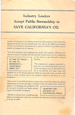 1929 Brochure Flyer OIL & GAS CONSERVATION ACT "SAVE CALIFORNIA'S OIL ...