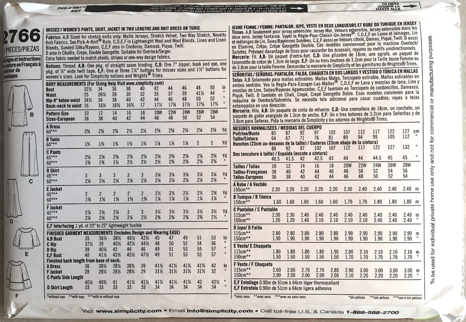 Simplicity Pattern 2766 Misses Easy Pant Skirt Jacket Dress 20 22 24 26 ...