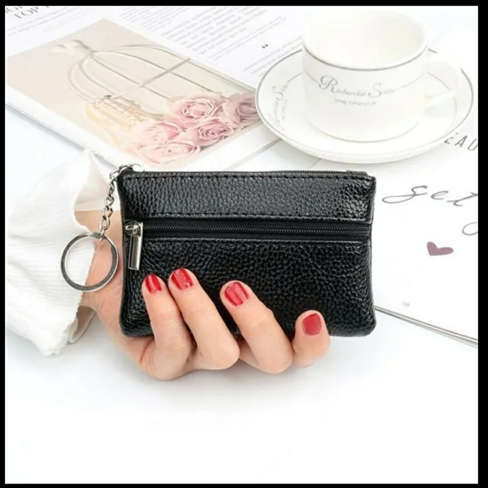 Unisex Black Small Coin Pouch Purse Key Holder Leather Zip Wallet Card ...