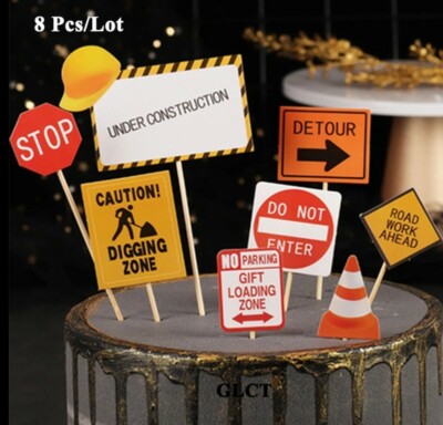 8pcs Construction cake topper parking road sign roadblock trucks ...