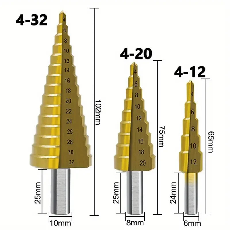6Pcs Titanium Coated Spiral Step Cone Drill Bit Set 4-32mm with Hex ...
