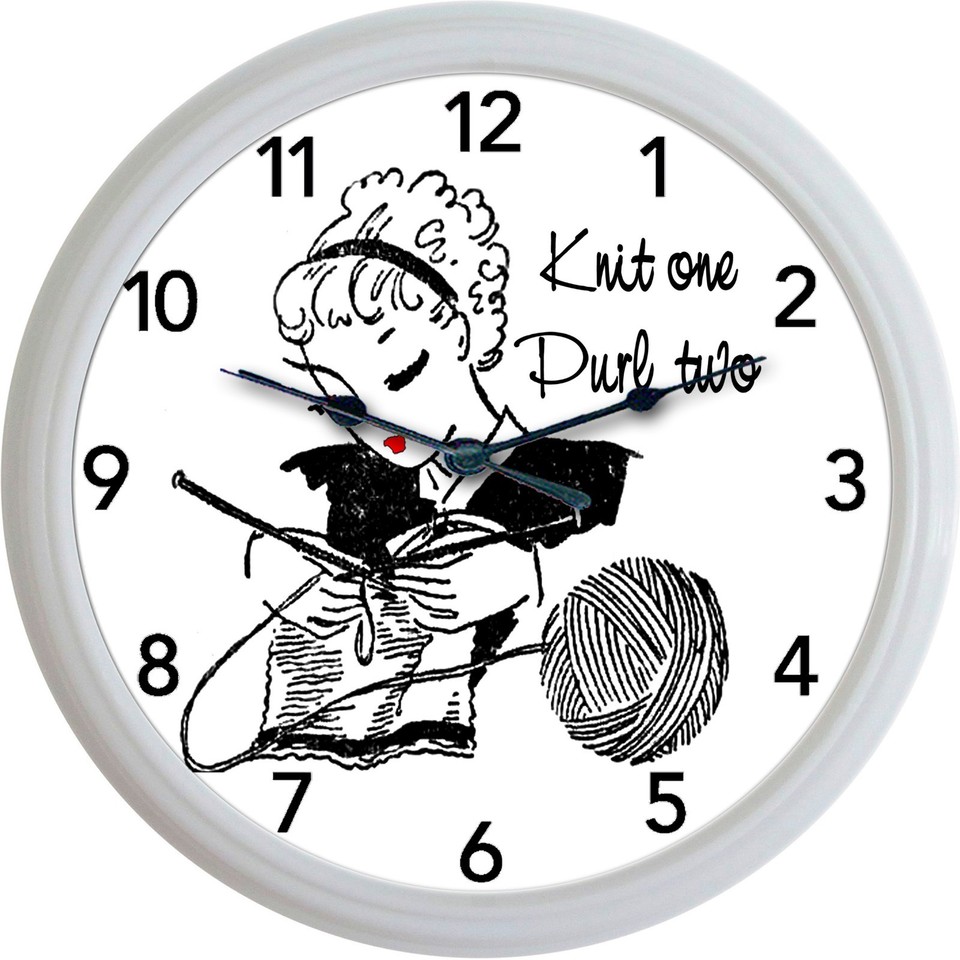 Knitting Wall Clock Knitting Needle Yarn Vintage Lady Knit One Purl Two ...