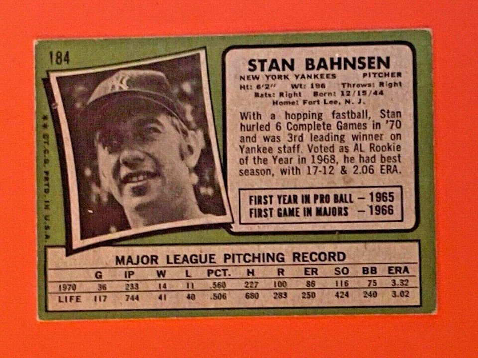 Topps 1971 Stan Bahnsen #184 in VG condition - free shipping | eBay