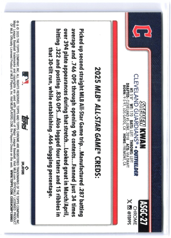 Steven Kwan Refractor All-Star Game 2025 Chrome Update Guardians ASGC ...