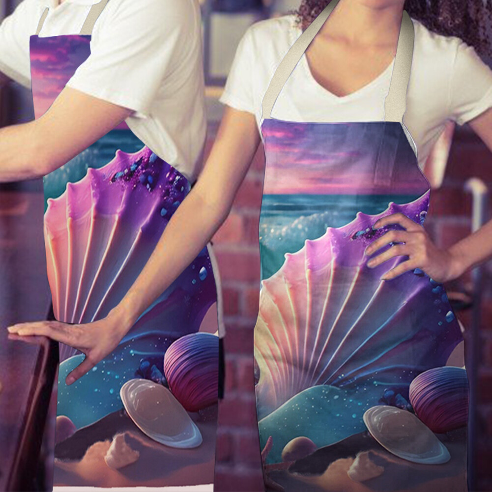MY# Shell Printed Linen Apron Waterproof Kitchen Cooking Bibs Adult ...