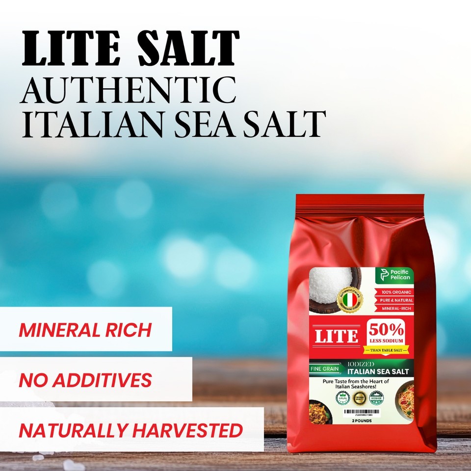 Pacific Pelican Iodized Lite Italian Sea Salt, 50% Less Sodium, Fine ...