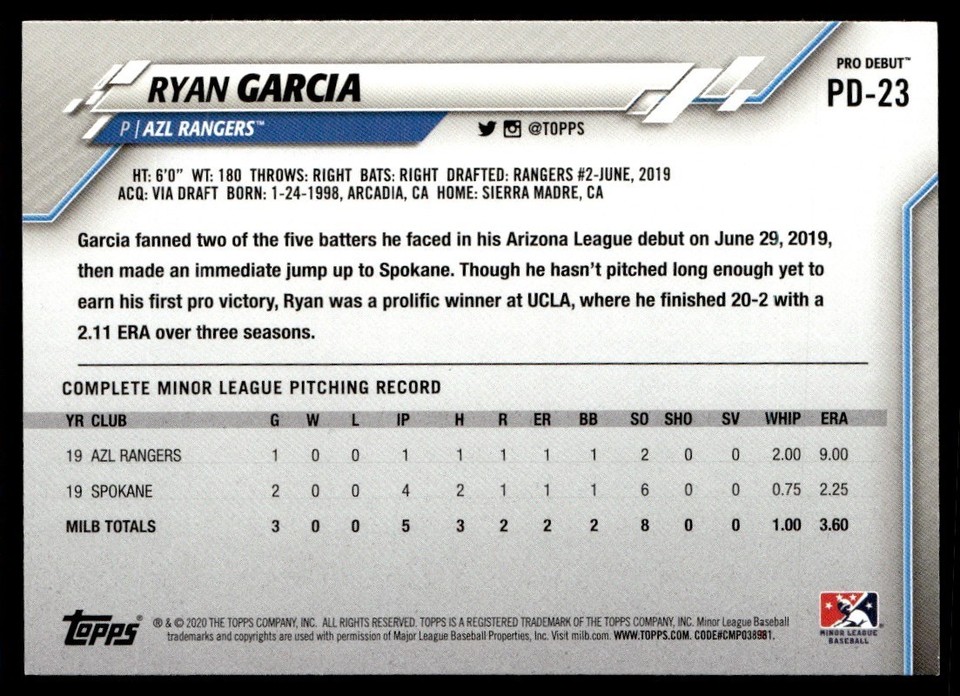 2020 Topps Pro Debut Ryan Garcia AZL Rangers #PD-23 | eBay