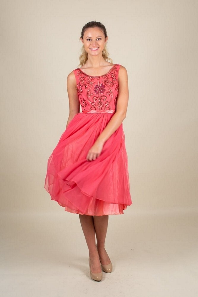 50s/60s Vintage Bright Pink Beaded Midi Prom Dress - Gem