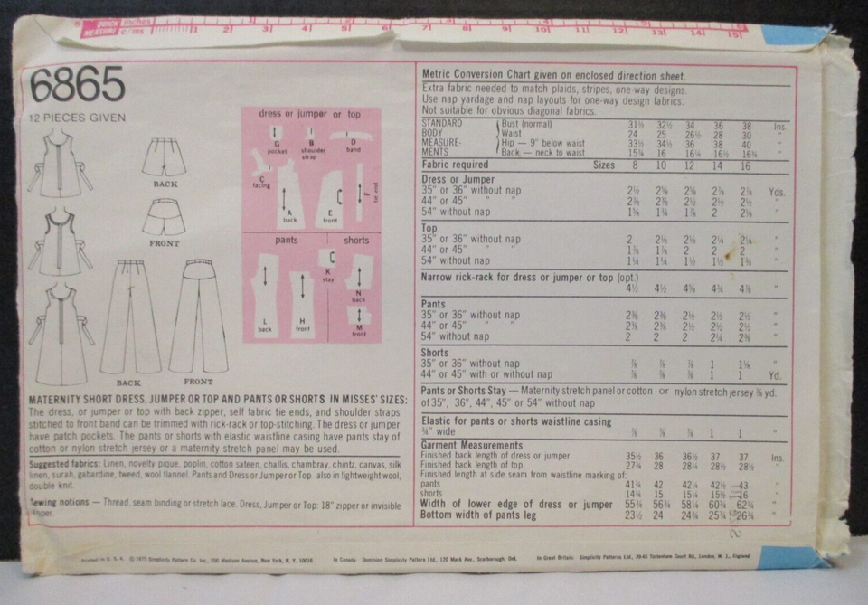 Simplicity Pattern 6865 Maternity Dress Jumper Top Pants Shorts Miss ...