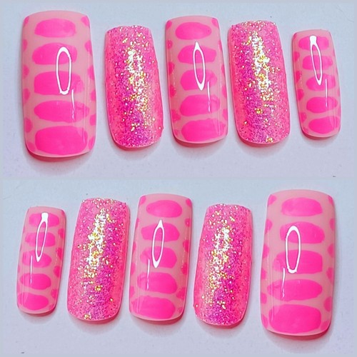 Custom Gel false nails press on Hot Pink Croc Handmade fake 10 pc full ...