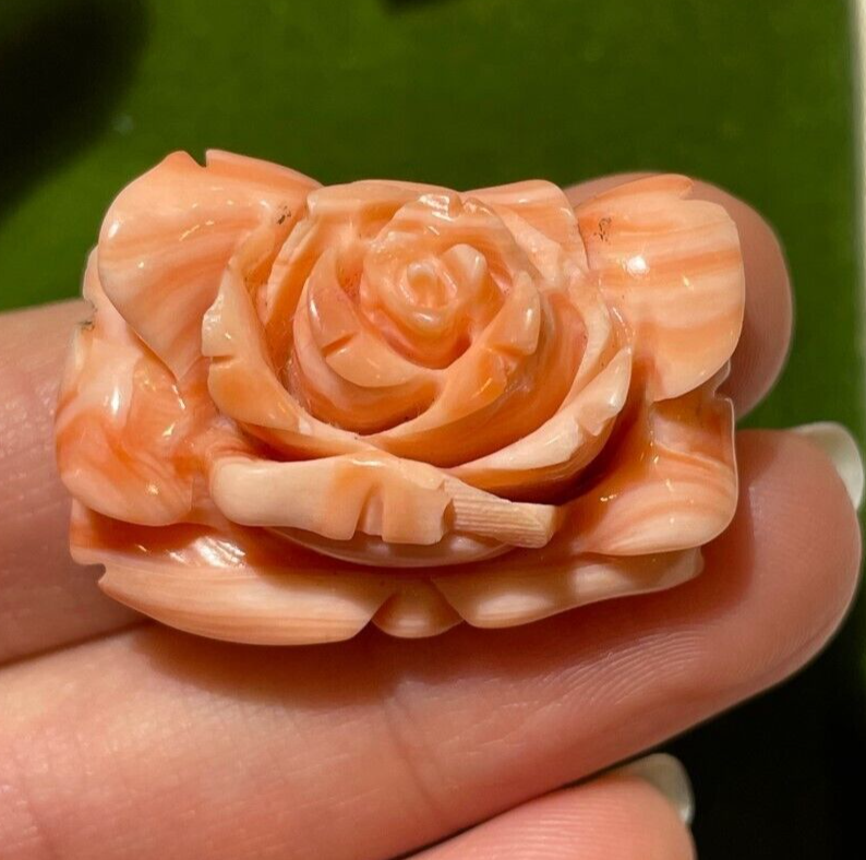 Handmade Natural Carved Angel Skin Pink Coral Rose Flower Carving 11g ...