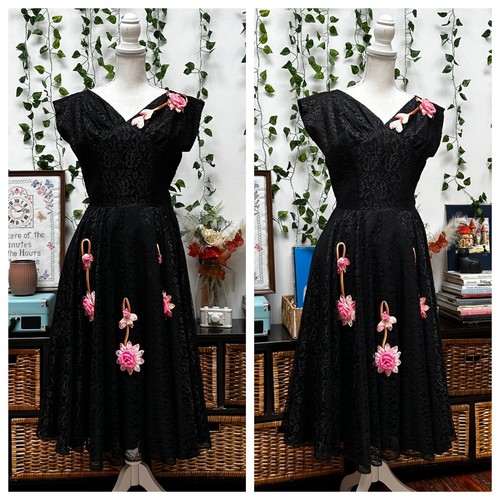 Vintage 40s Evening Cocktail Dress Black Lace Flowers Prom Party Side ...