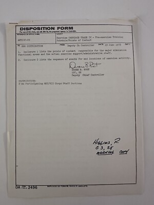 US Army Unclassified Disposition Form 1978 Pre-Exercise Training Memo ...