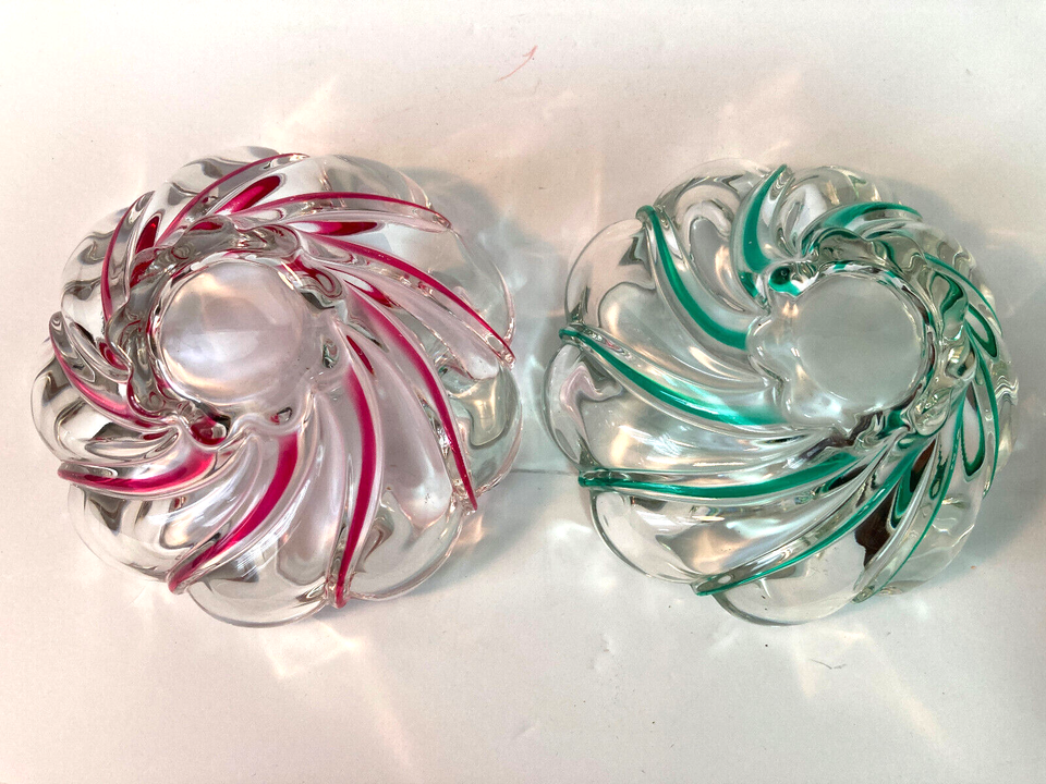 2 Mikasa Scalloped Candy/Nut Bowls Red & Green Peppermint Swirled 3"H x ...