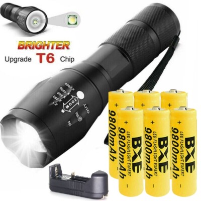 90000LM LED Flashlight 5 Modes Zoom Torch + 6PCS 9800mah Batteries ...