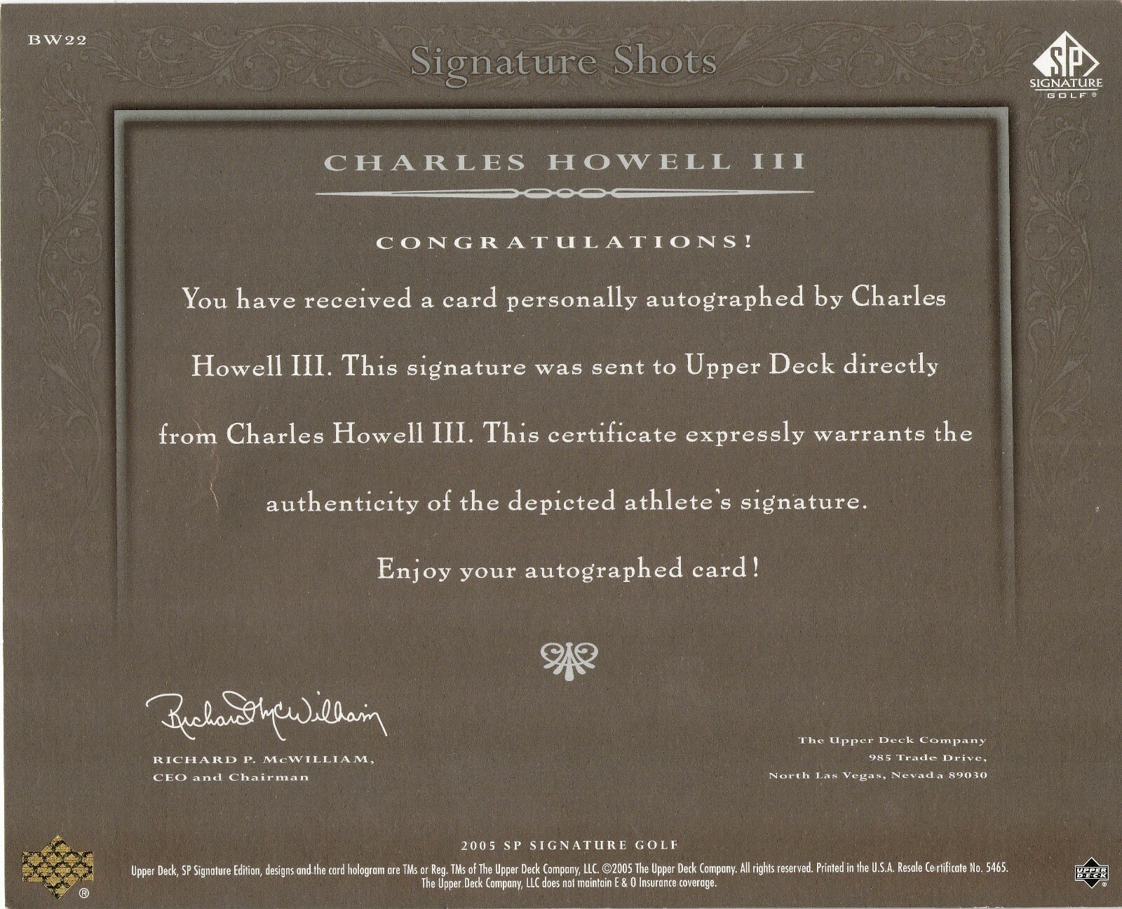 Charles Howell III Signed 8x10 Upper Deck Signature Shots Photo Limited ...