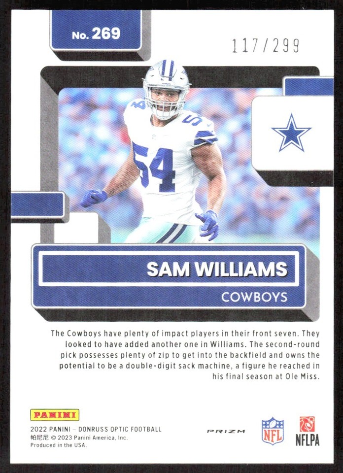 2022 6699A Donruss Optic Aqua HOLO PRIZM SP Sam Williams Rookie 117/299 ...