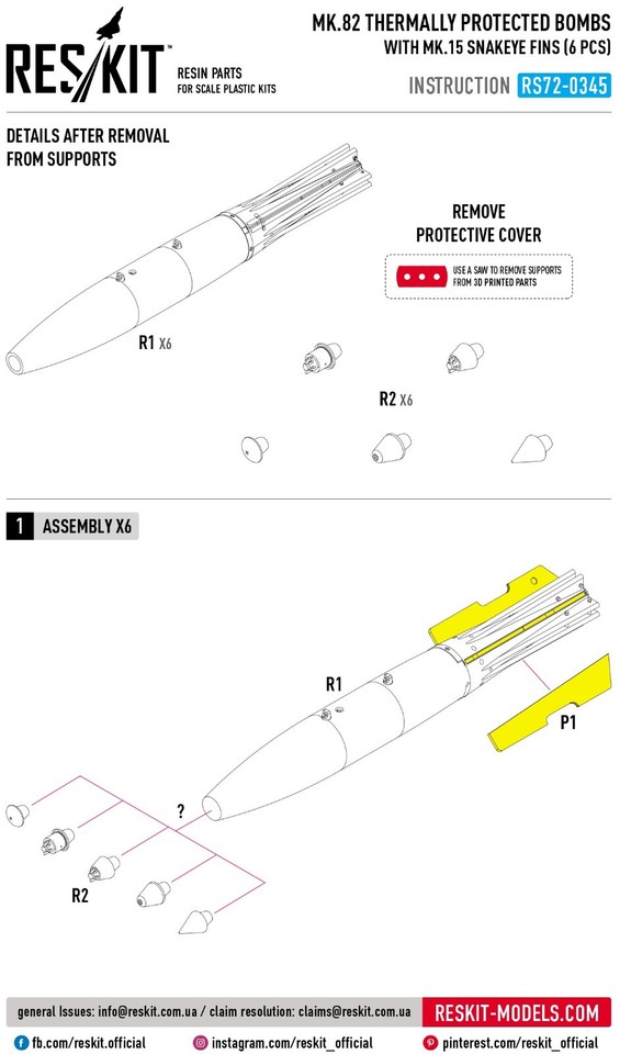 Mk.82 bombs with Mk.15 Snakeye fins thermally protected (6 pcs) 1:72 ...