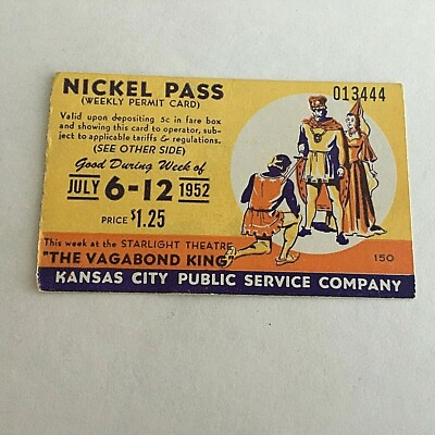 1952 Kansas City Public Service Company Streetcar Weekly Nickel Pass ...