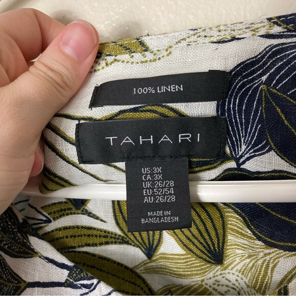 Tahari botanical print 100% linen button up shirt womens 3X green plant ...
