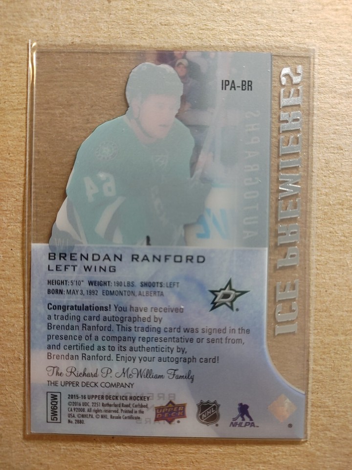 2015-16 Upper Deck Ice Ice Premieres Autograph Stars Brendan Ranford AU ...