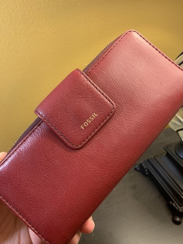 Fossil Madison Zip Clutch Red Wine Leather Wristlet Wallet Designer ...