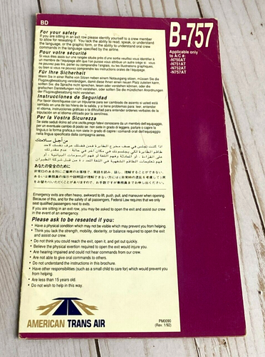 ATA American Trans Air Boeing 757 Safety Card - 1/92 | eBay