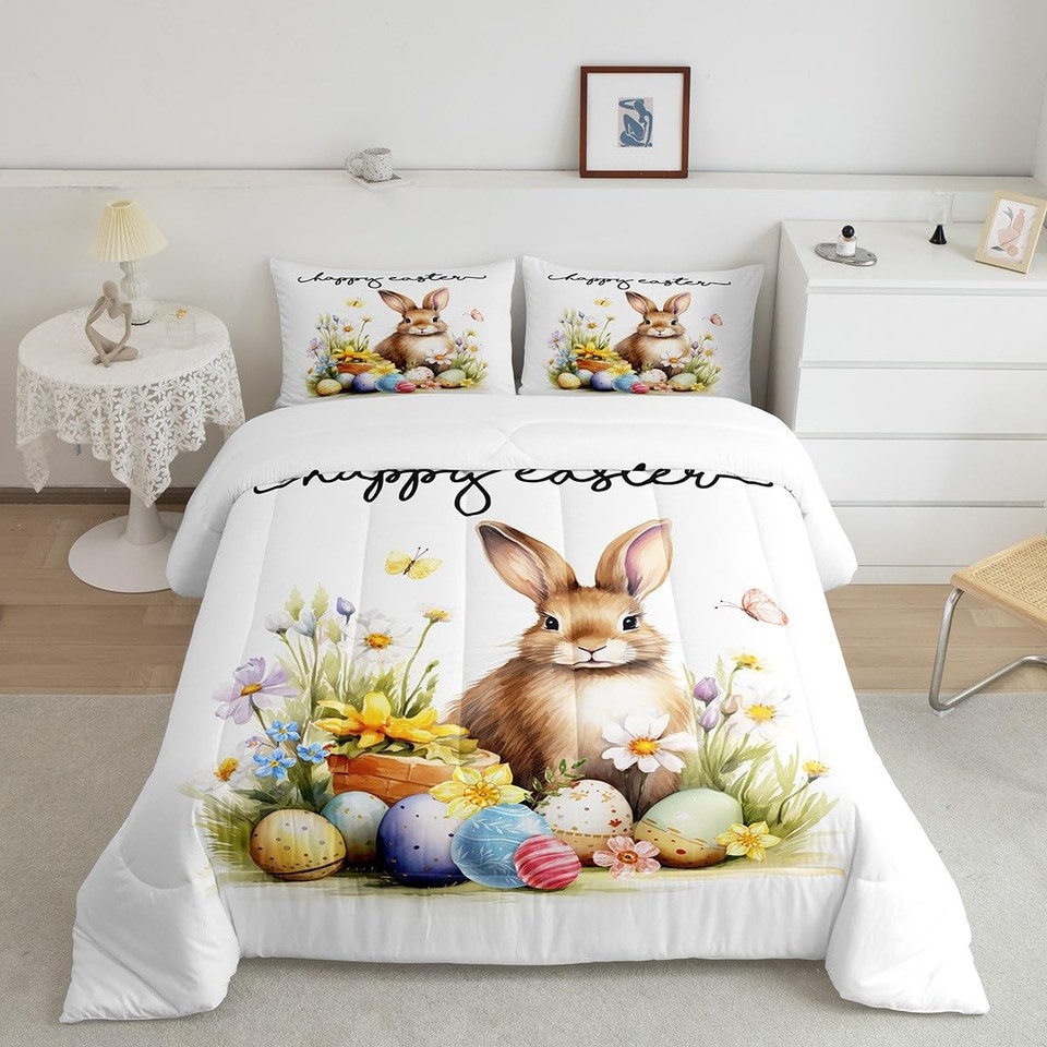 Cute Rabbit Comforter Set Queen Size,Happy Easter Quilt Set Watercolor ...