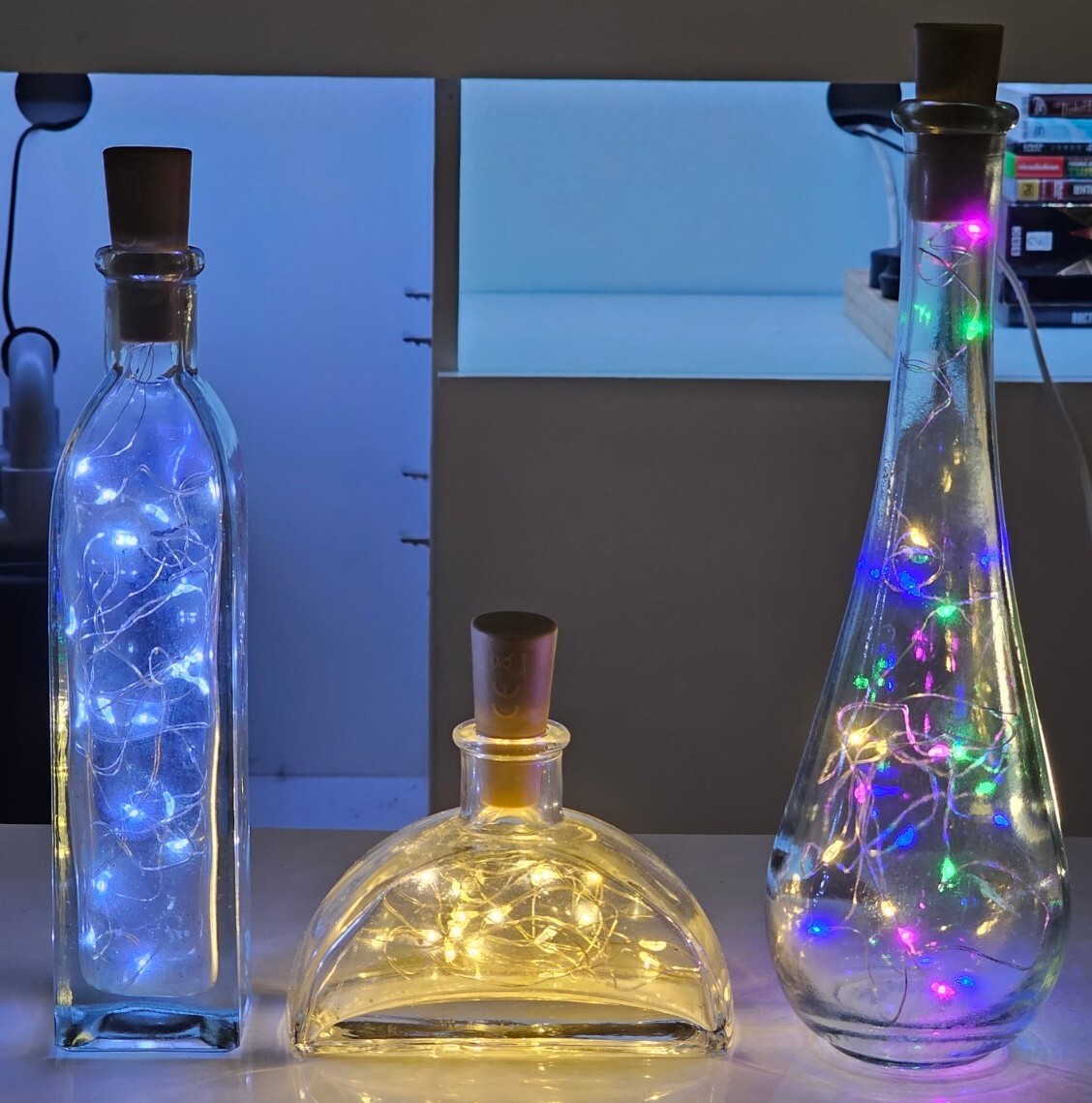 3x LED Fairy Lights and Glass Bottles - White, Yellow, and Rainbow ...