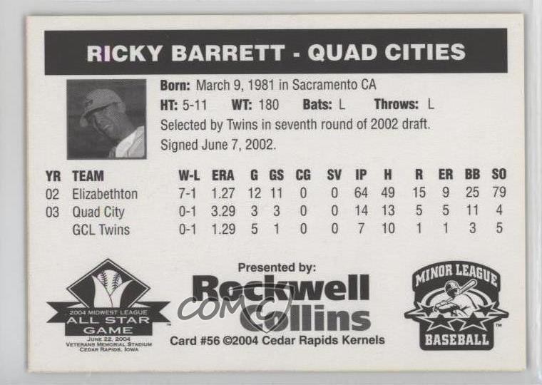 2004 Rockwell Collins Midwest League All-Stars Ricky Barrett #56 | eBay