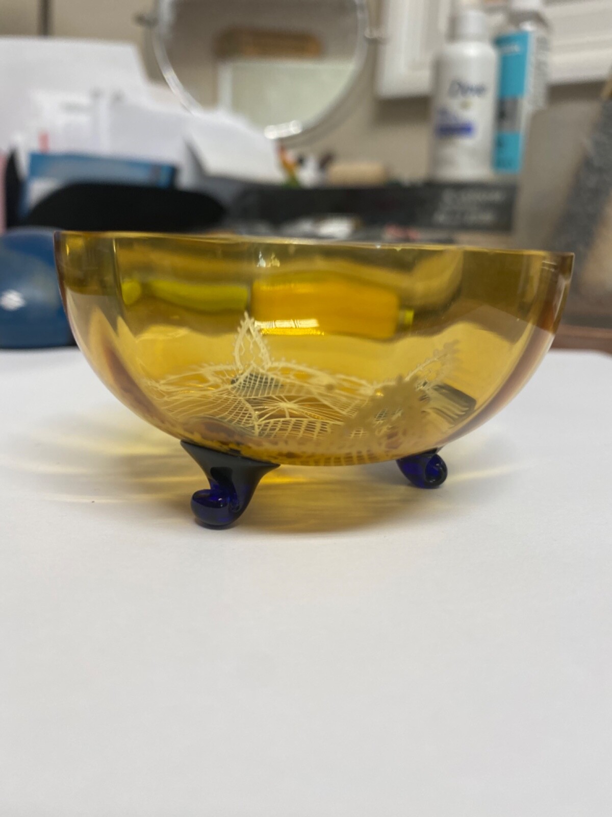 Vintage Amber Blue Footed Open Salt Dips BEAUTIFUL PATTERN INSIDE * SET ...